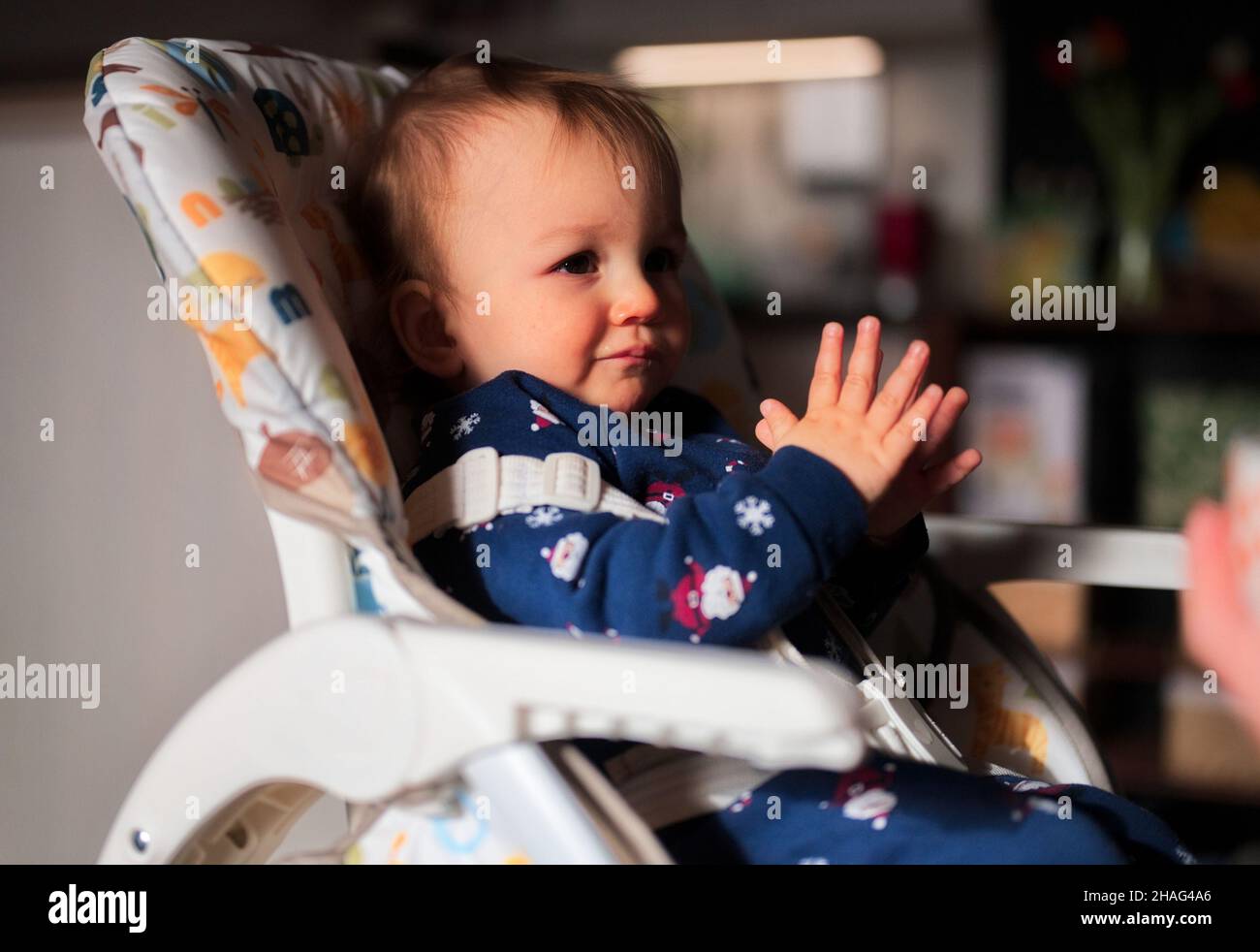 Cute little boy sitting in his chair Stock Photo - Alamy