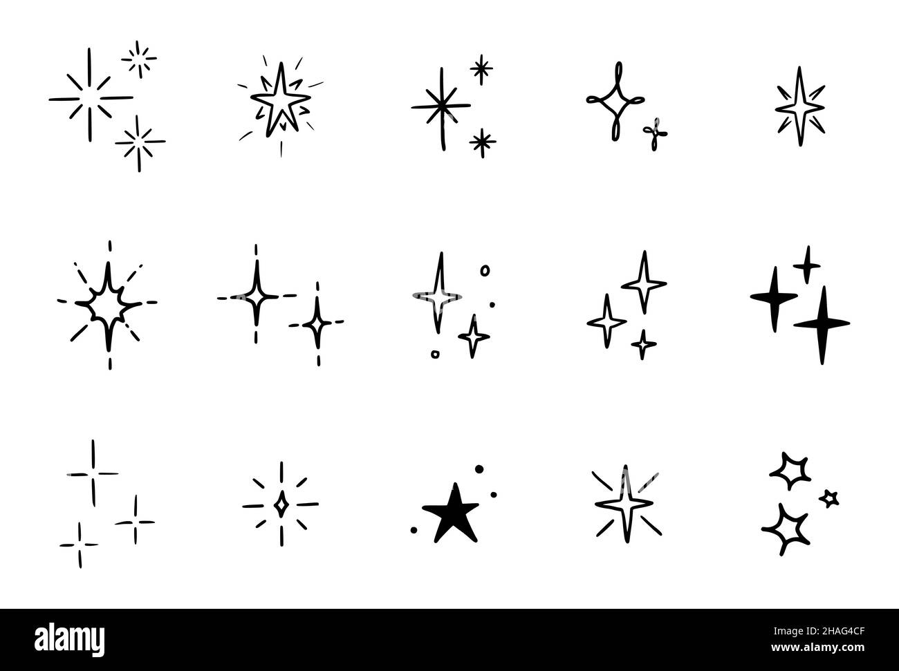 Line star glitter shine of doodle set. Star shine glow, spark glitter, sparkle light vector ...