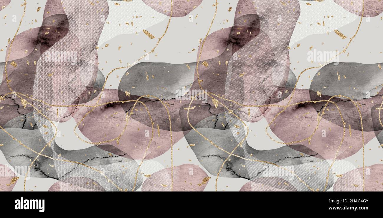 Seamless watercolor abstract organic blob shape overlay with gold lines ...