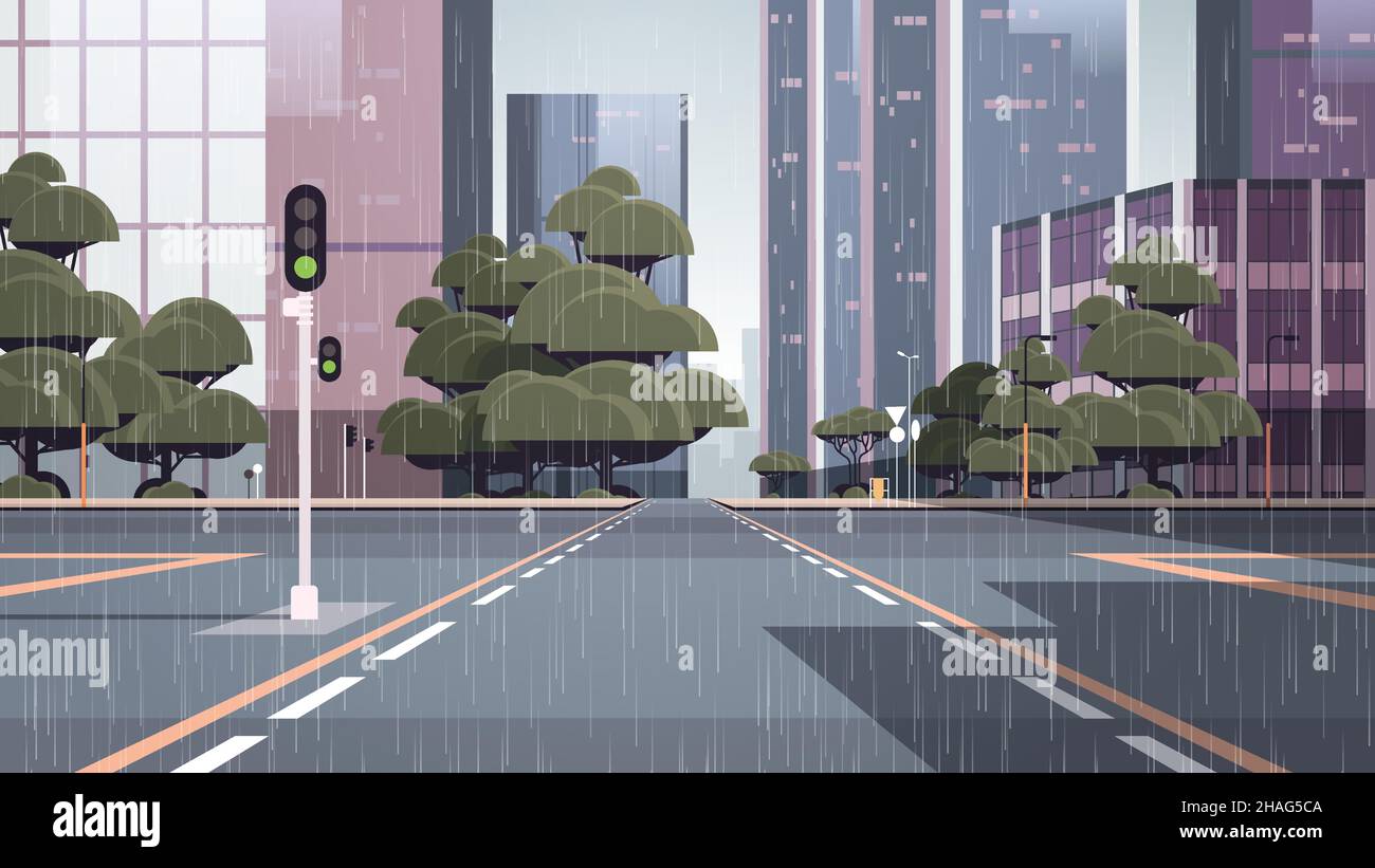raining empty street road with crossroad and traffic light city ...