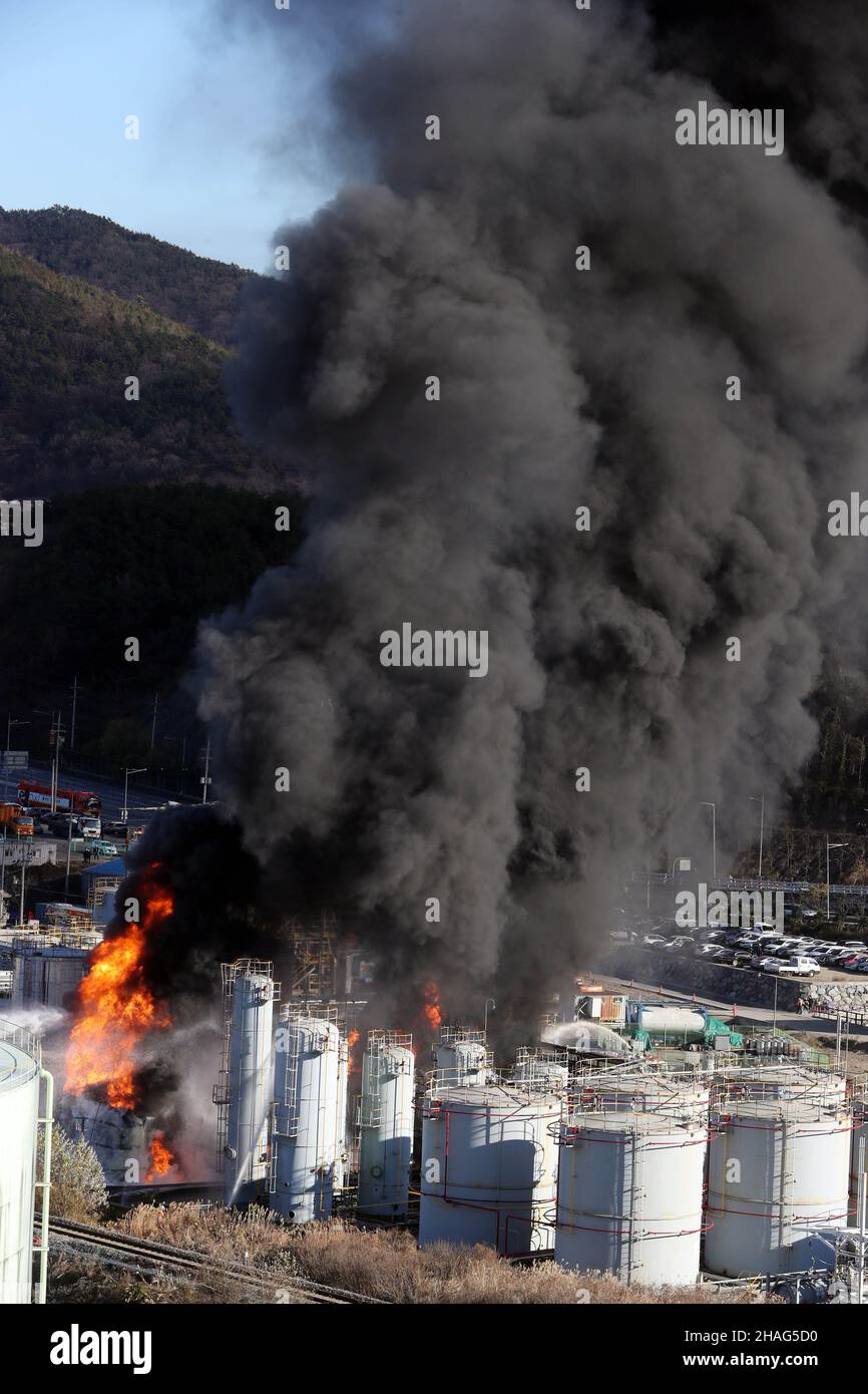 13th Dec, 2021. Fire at industrial complex Black smoke rises from a ...