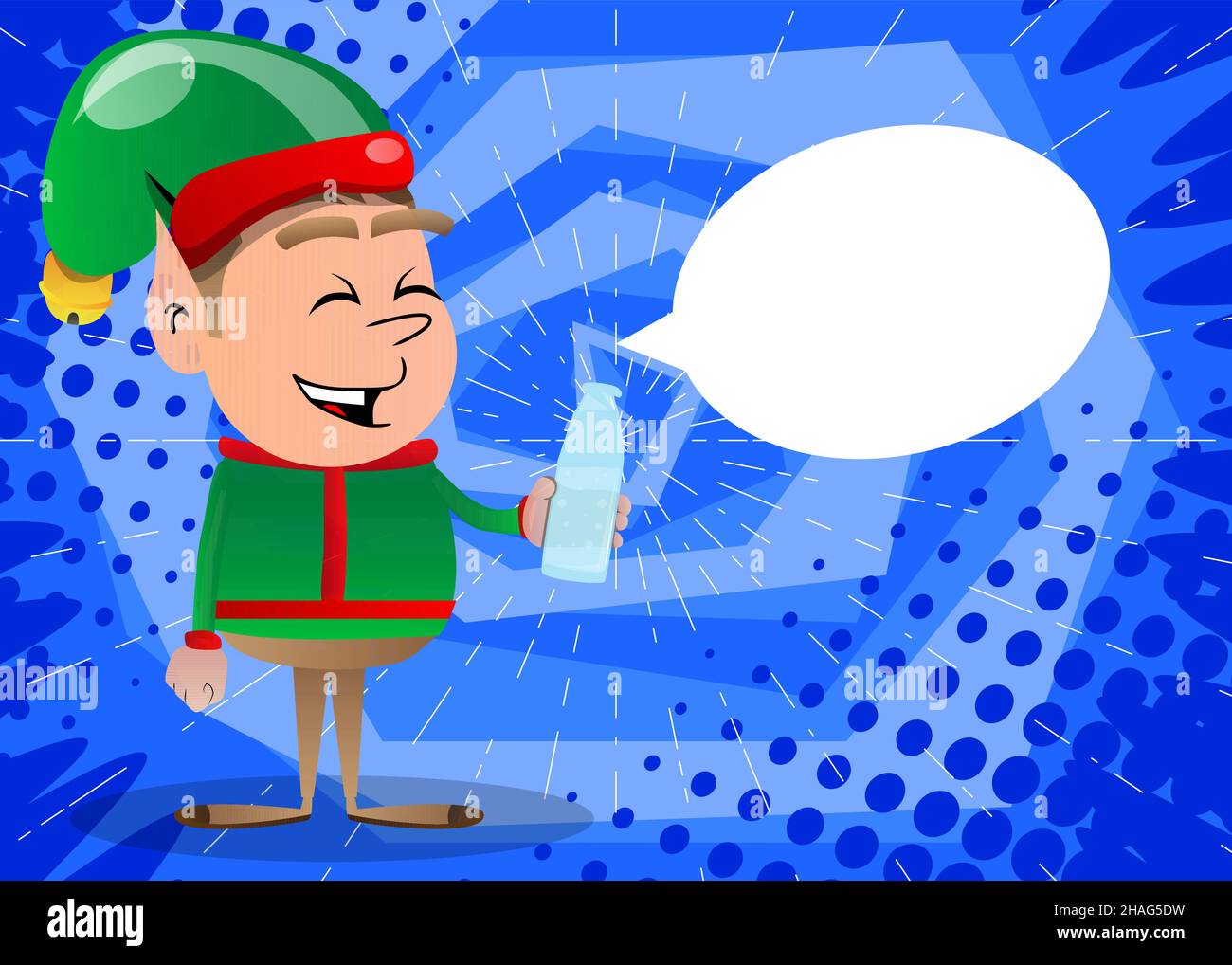 Christmas Elf drinking water from a glass bottle. Vector cartoon ...