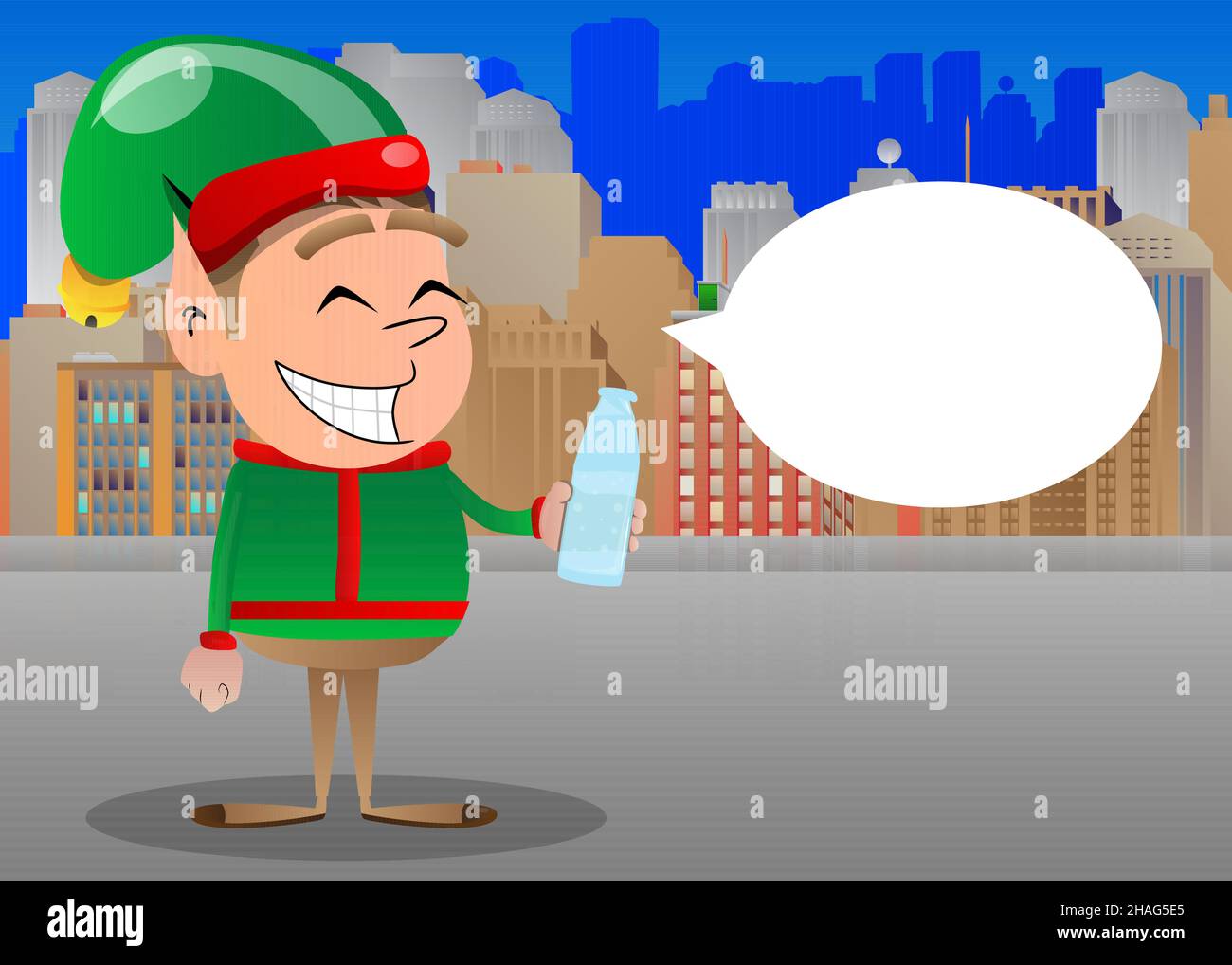 Christmas Elf drinking water from a glass bottle. Vector cartoon ...