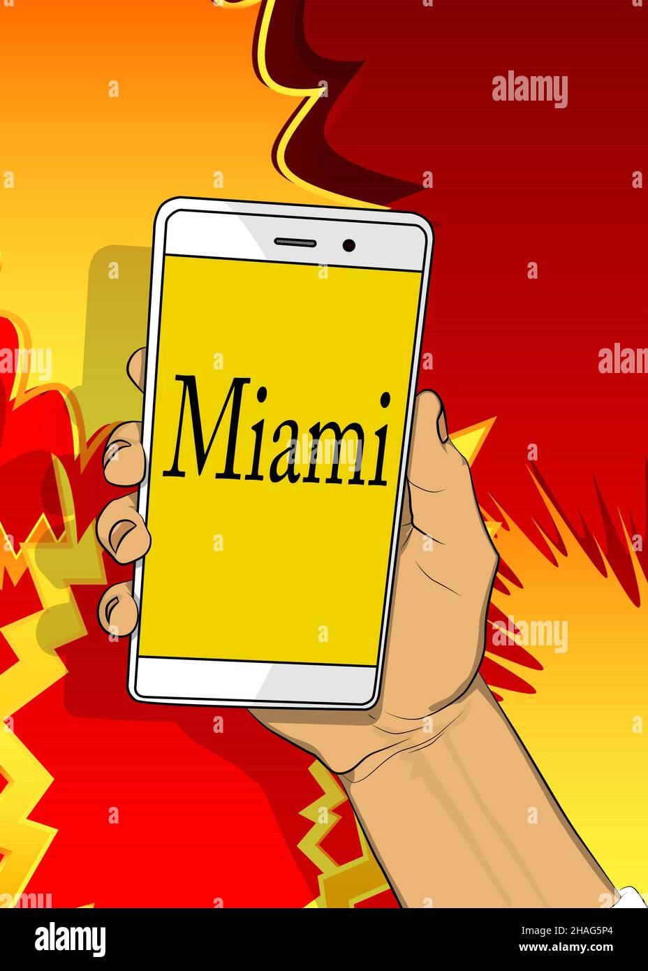 Miami text on Smartphone screen. Cartoon vector illustrated mobile ...