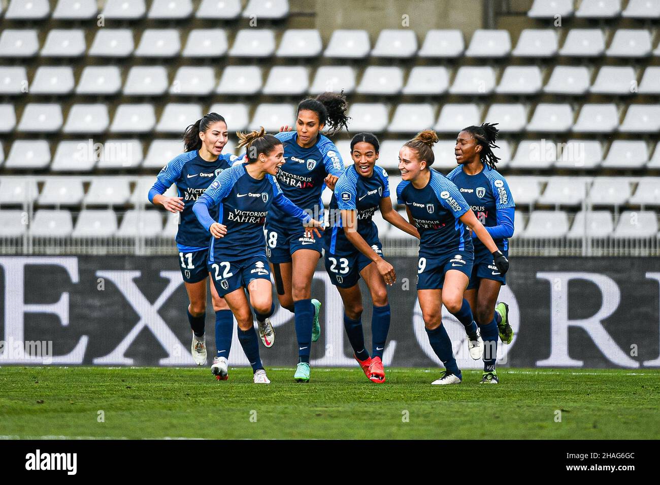 Thea Greboval (2nd from the right) of Paris FC celebrates her goal with ...