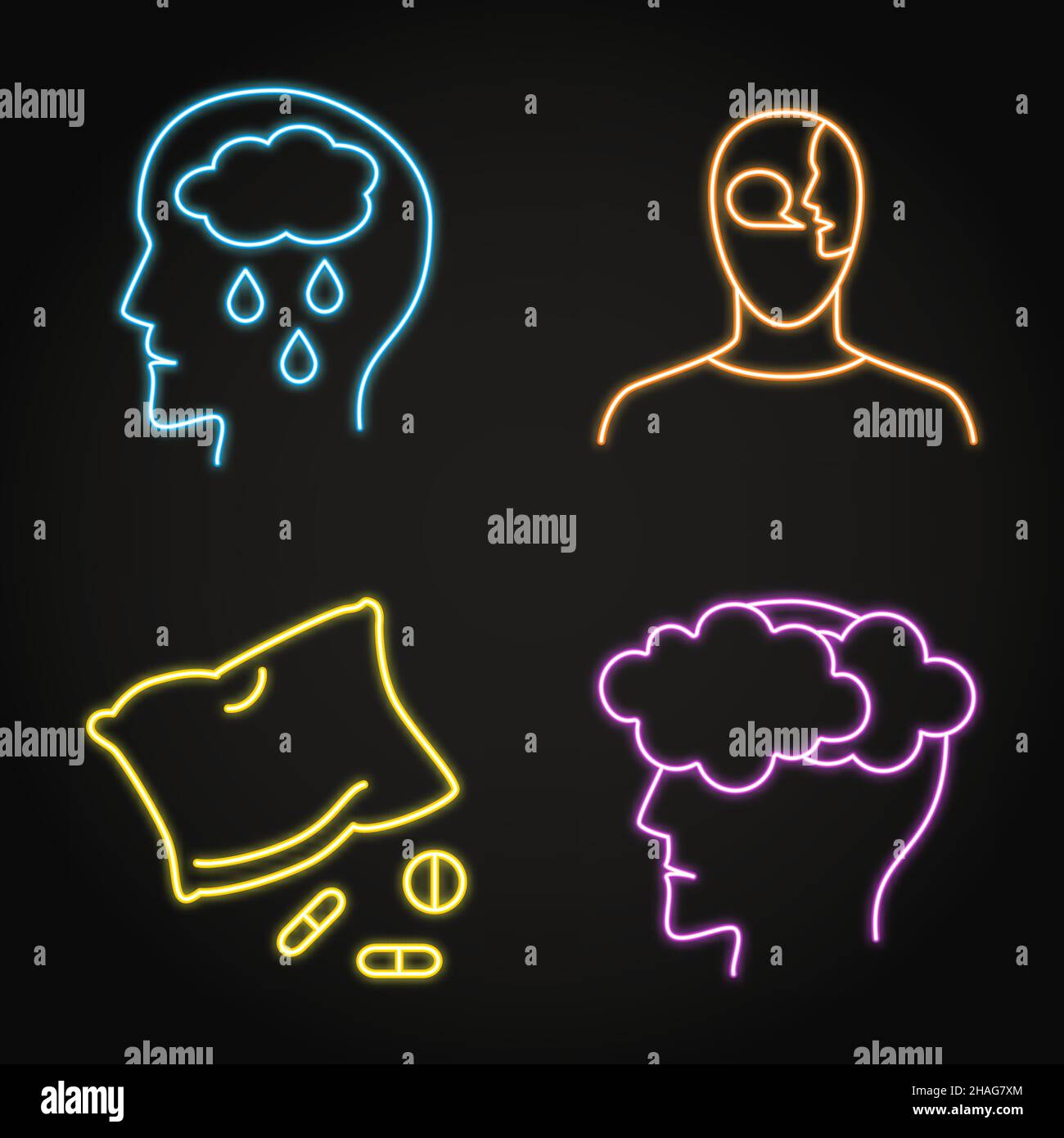 Neon mental disorders icon set in line style. Depression, insomnia ...