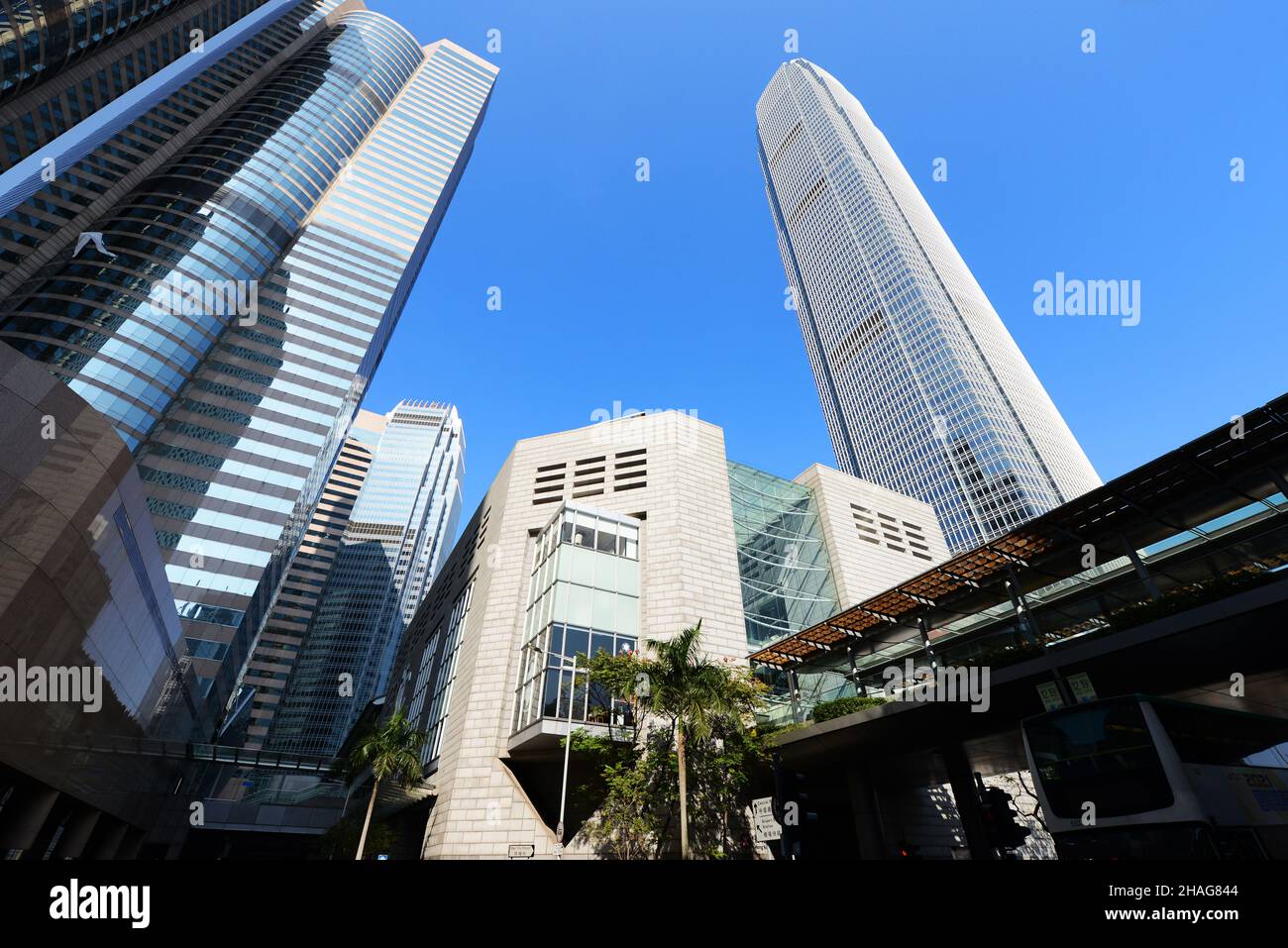 Looking up at the IFC mall and the modern skyscrapers around it Stock ...