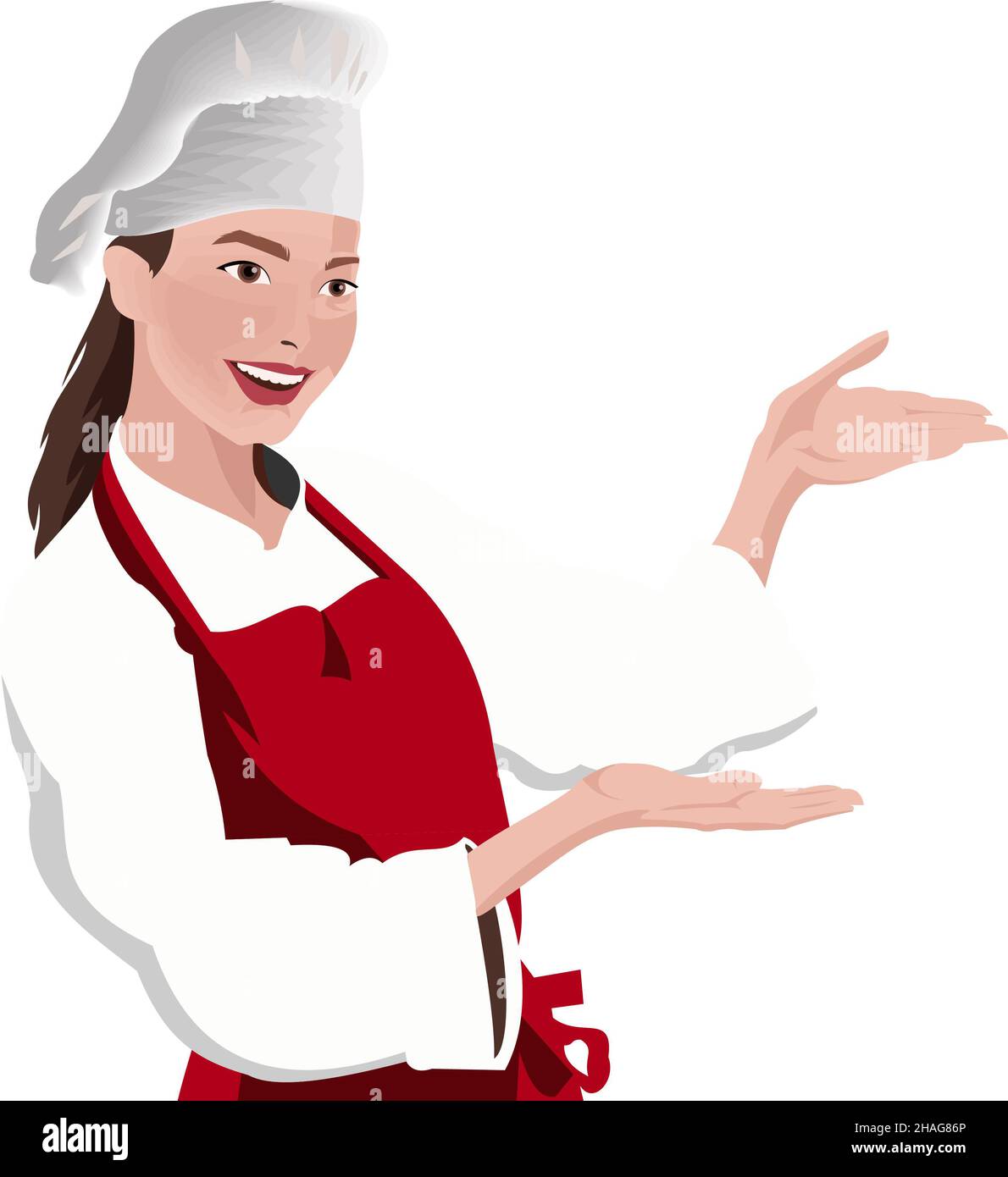 A Woman Chef Wearing A White Coat Red Apron And A Kitchen Hood On Her