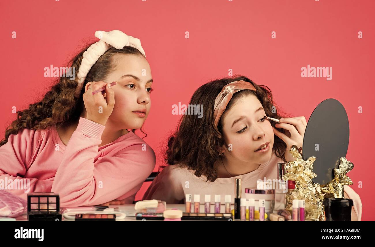 Cosmetics for children. Spa party. Beauty and fashion. Happy girls ...