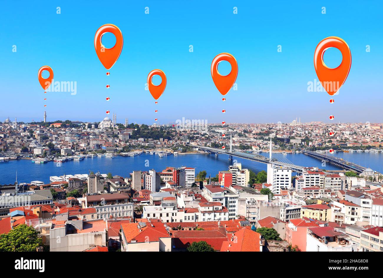 Network connection concept. Aerial view on Istanbul with location pin ...
