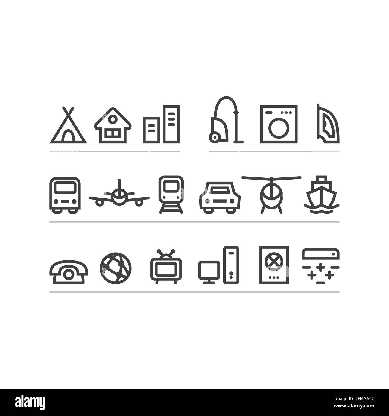 Set of icons of transport, technology, housing and items. Graphic ...