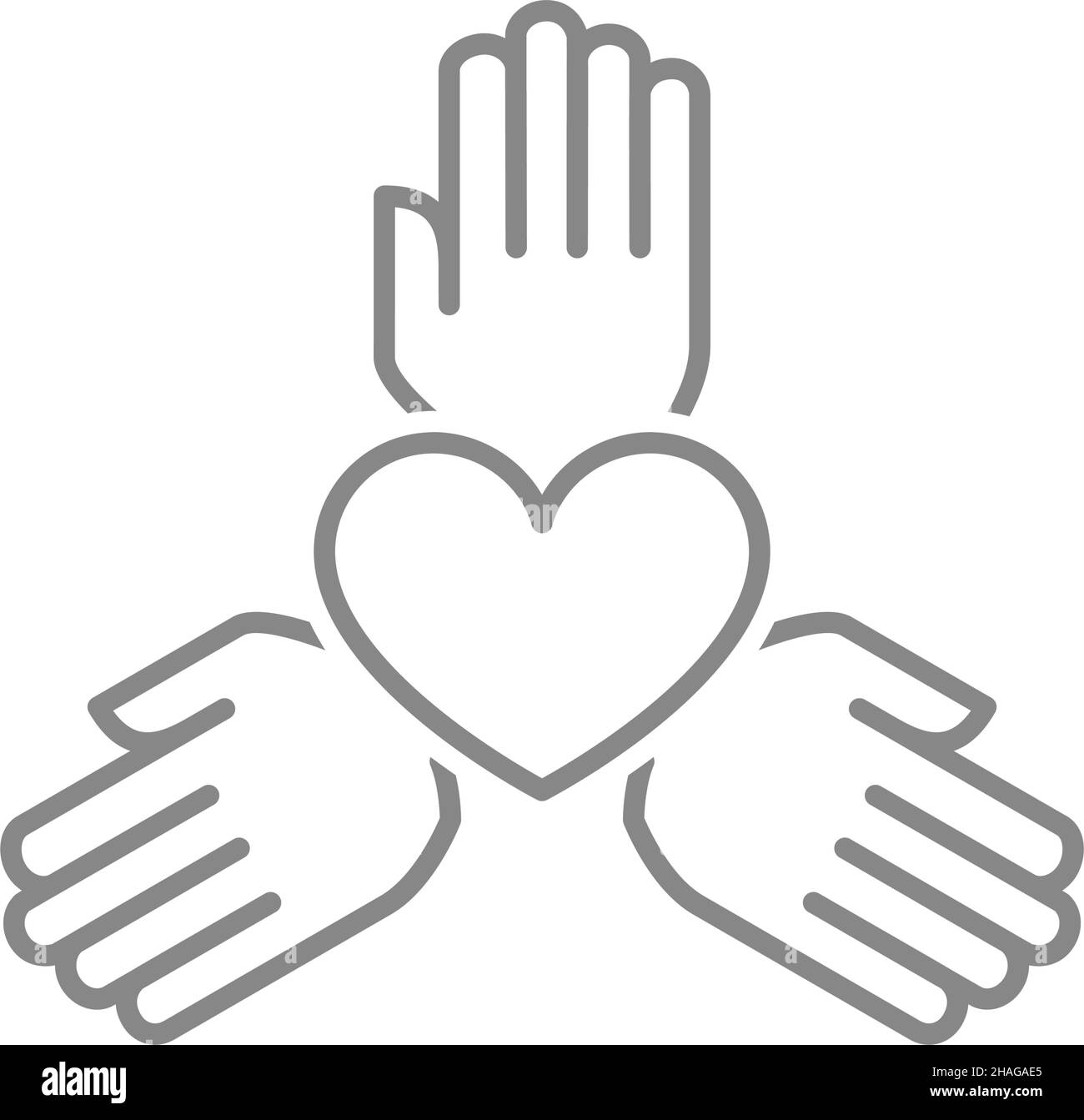 Three hands circle with heart line icon. Charity organization, teamwork ...