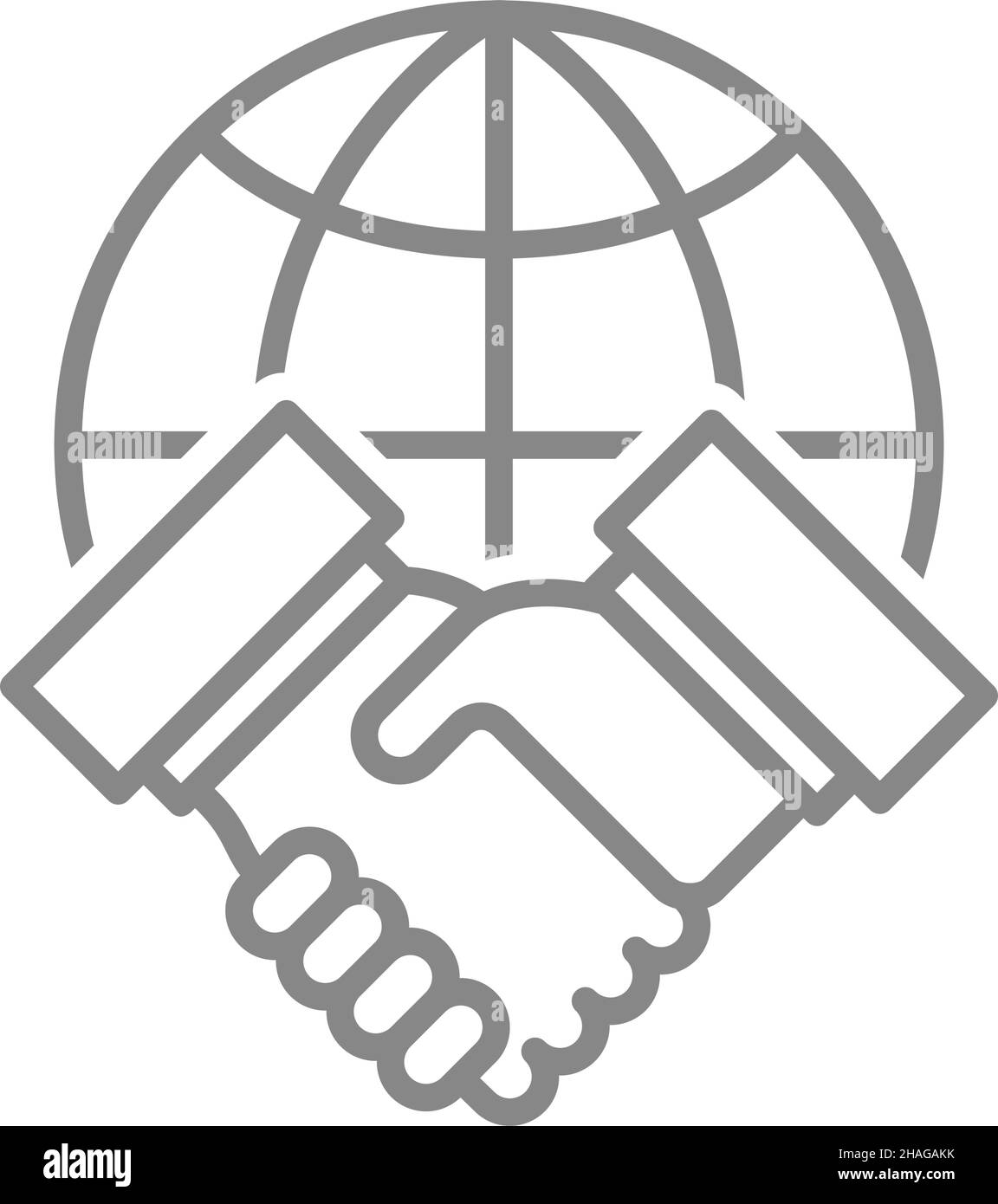 Handshake and planet line icon. International agreement, contract ...