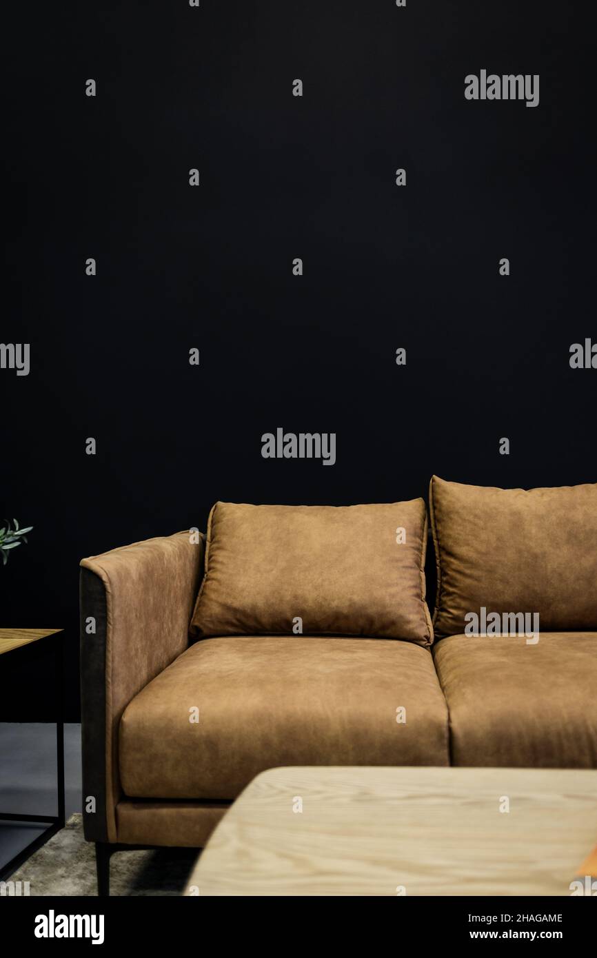 Sofa in living room interior. Loft style. Real photo Stock Photo - Alamy