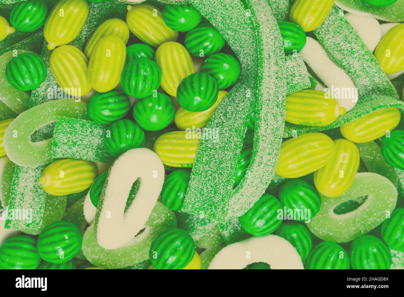 Assorted green gummy candies background. Top view. Jelly sweets Stock ...