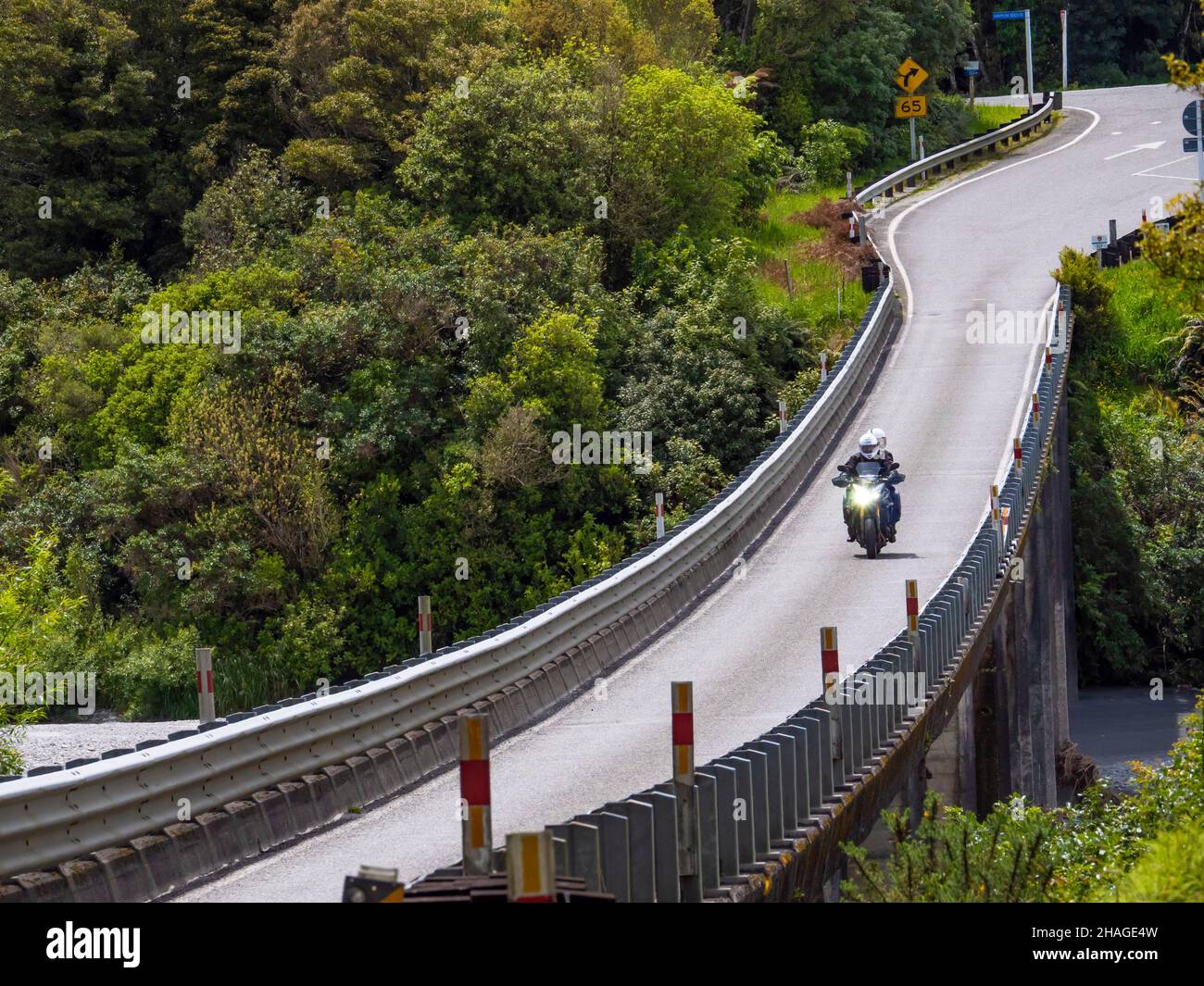 Motorcycle crossing the Waitaha Bridge - South Island New Zealand Stock ...