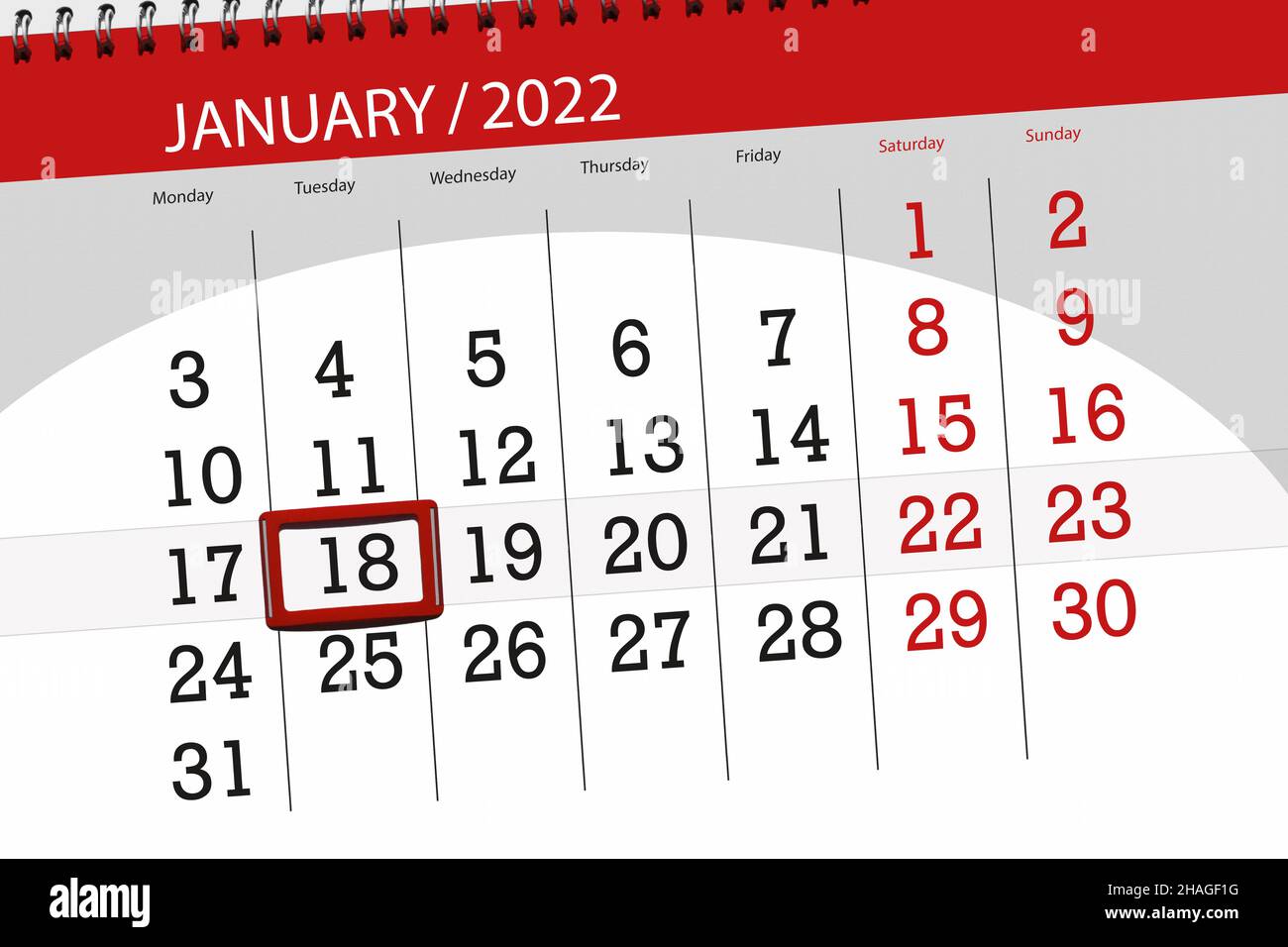 Calendar planner for the month january 2022, deadline day, 18, tuesday ...