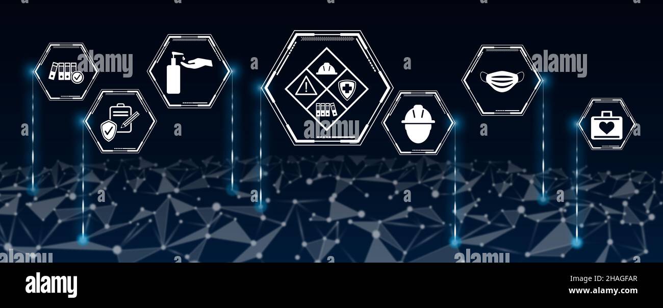 Concept of osha with icons in hexagons connected to abstract network ...