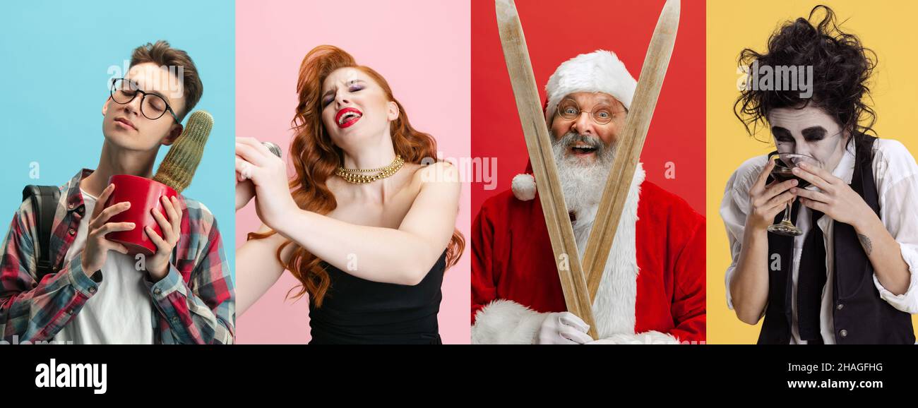 Collage of four different people. student, female jazz singer, Santa ...