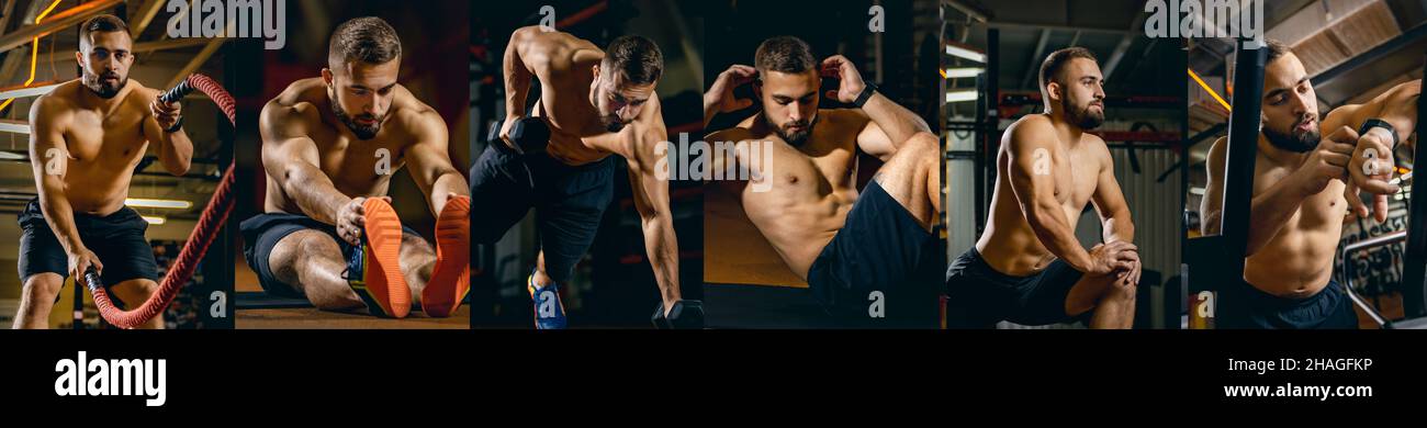 Collage of portraits of sportive man training in the gym, doing ...