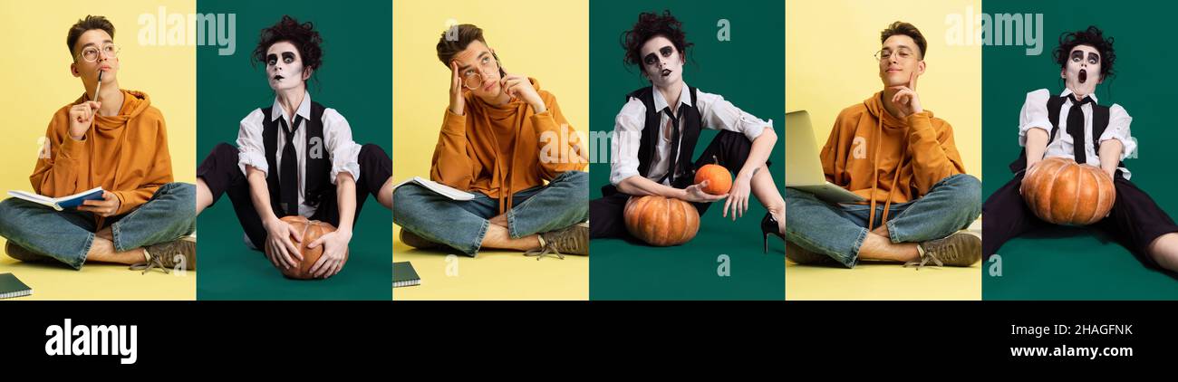 Creative collage of student boy and woman in character of famous movie ...