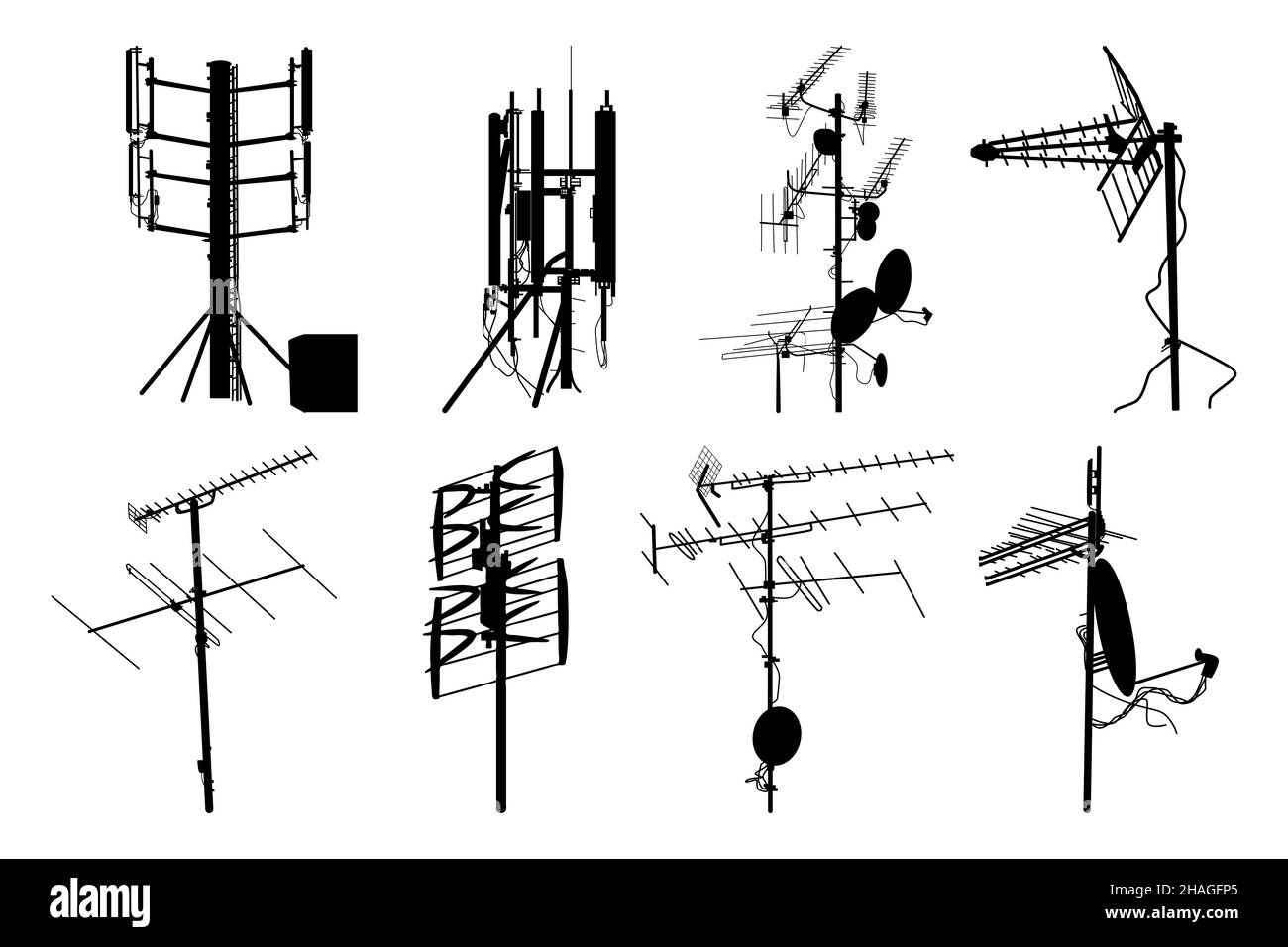 Television antenna icons set isolated on white background. Silhouettes ...