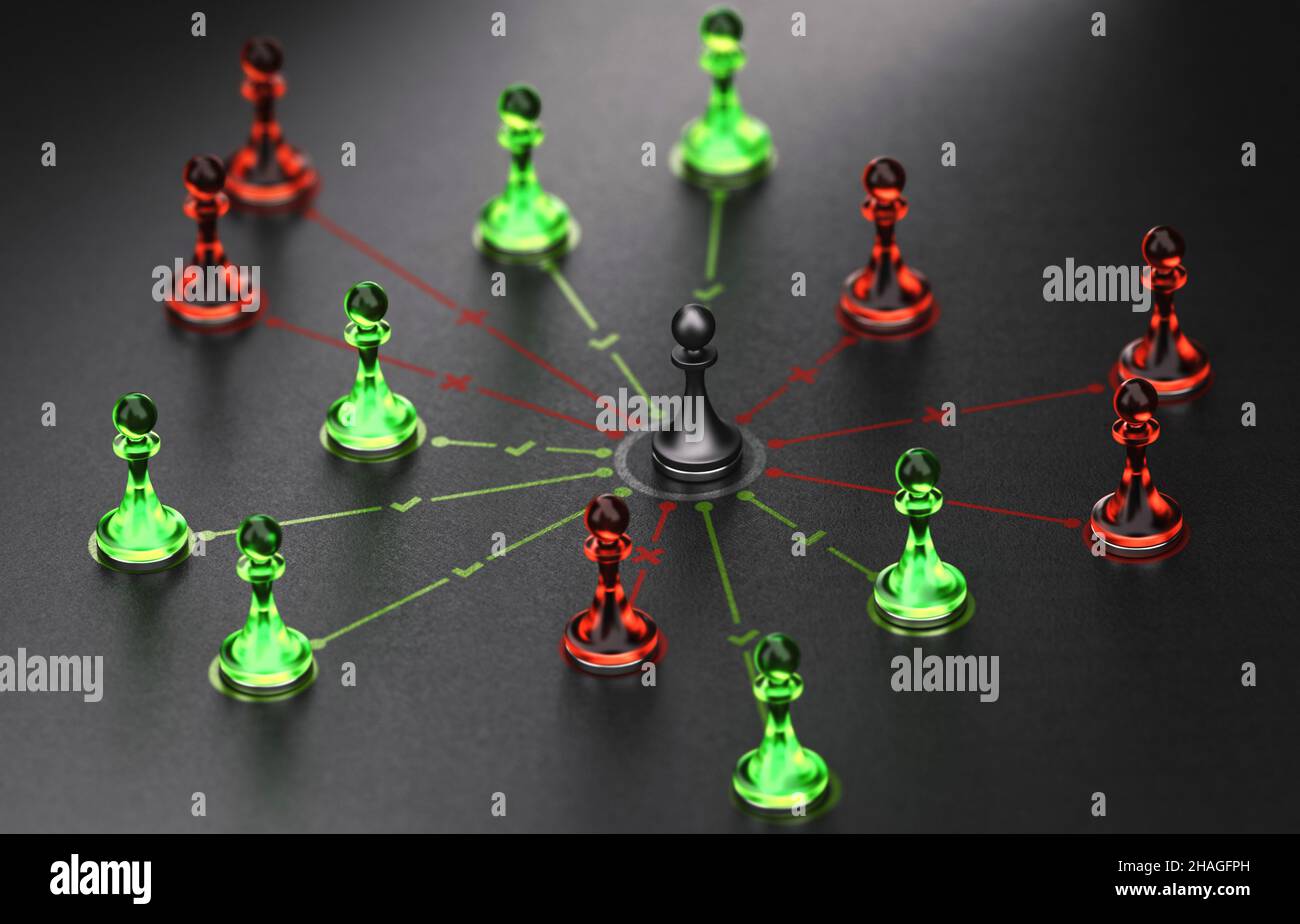 User persona, marketing concept. Red and green pawns with valid and ...