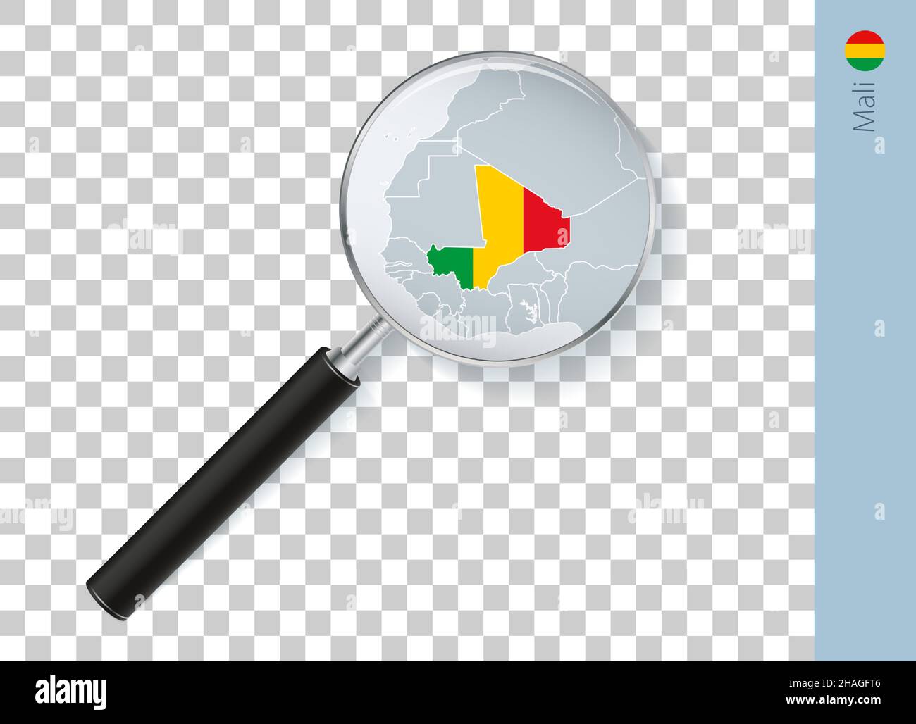 Mali map with flag in magnifying glass on transparent background. Vector loupe with map Stock ...
