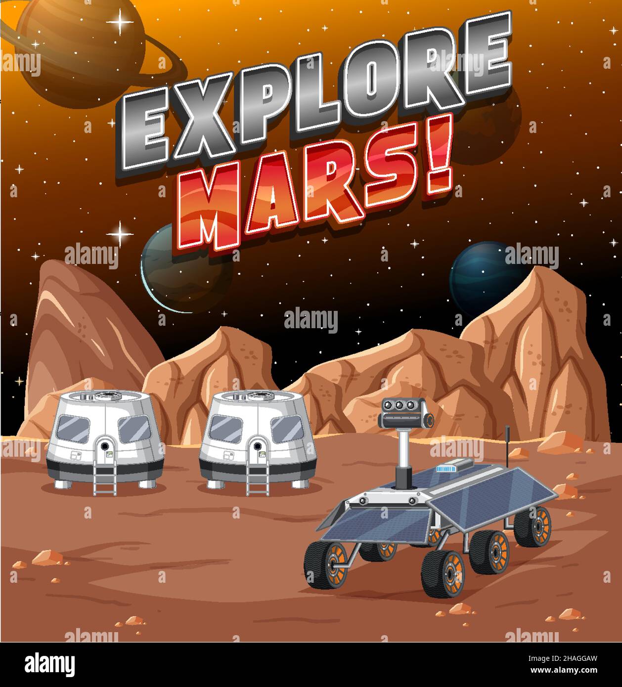 Space station on planet with Explore Mars logo illustration Stock ...