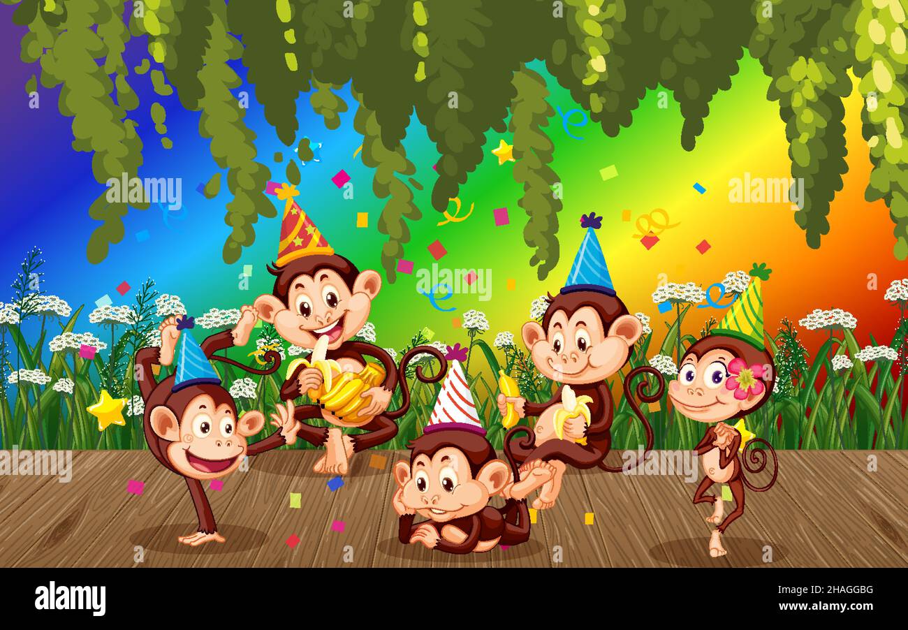 Happy monkeysin the forest on gradient rainbow background illustration ...
