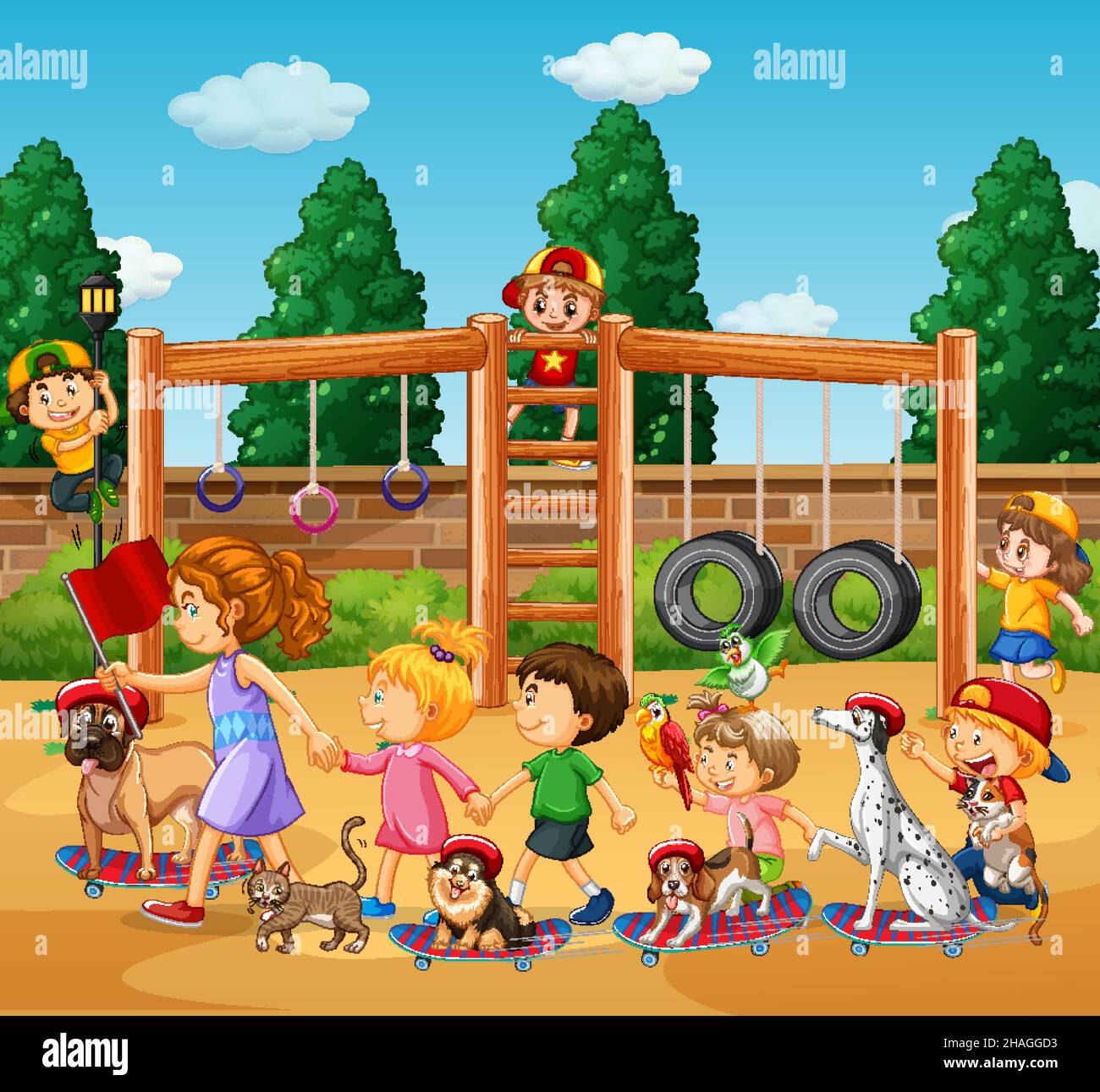 Playground scene with children playing with their animals illustration ...