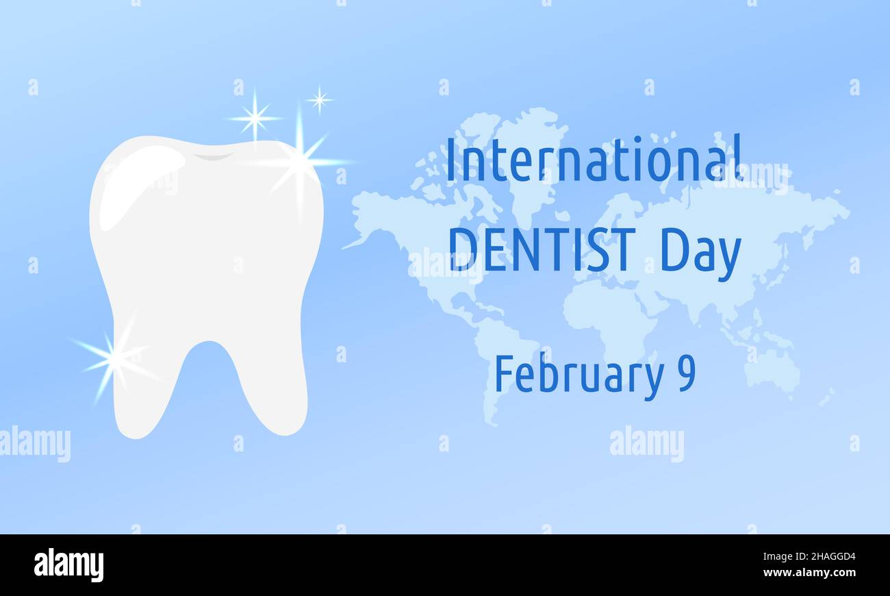International Dentist day February 9. Professional holiday of stomatologist. Shiny white tooth ...