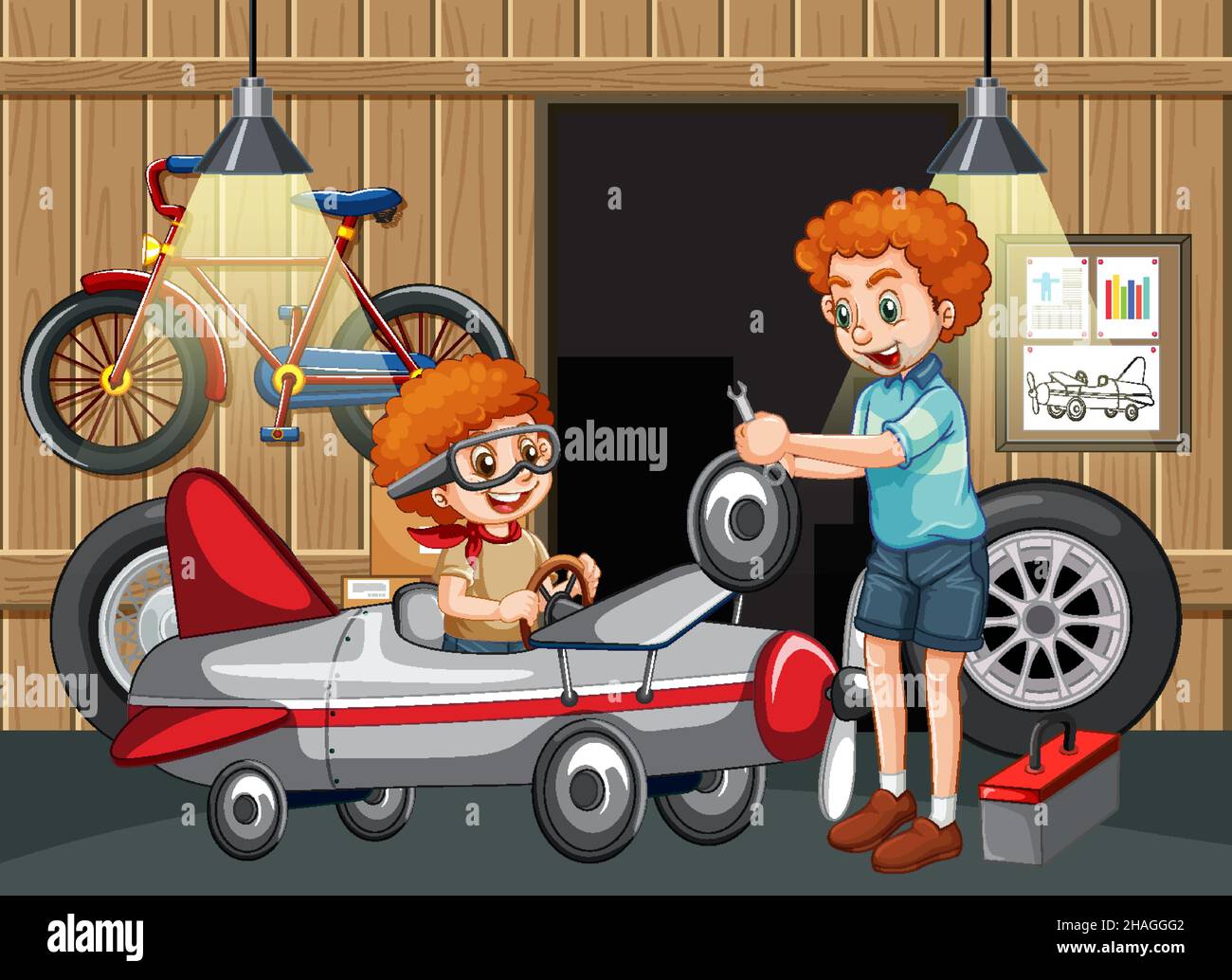 Garage scene with children fixing a car together illustration Stock ...