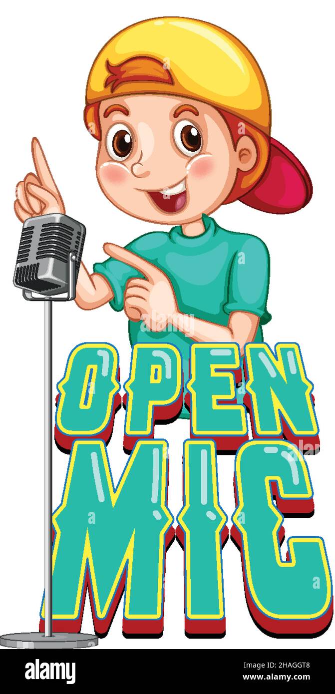 Open mic logo design with singer boy cartoon character illustration ...