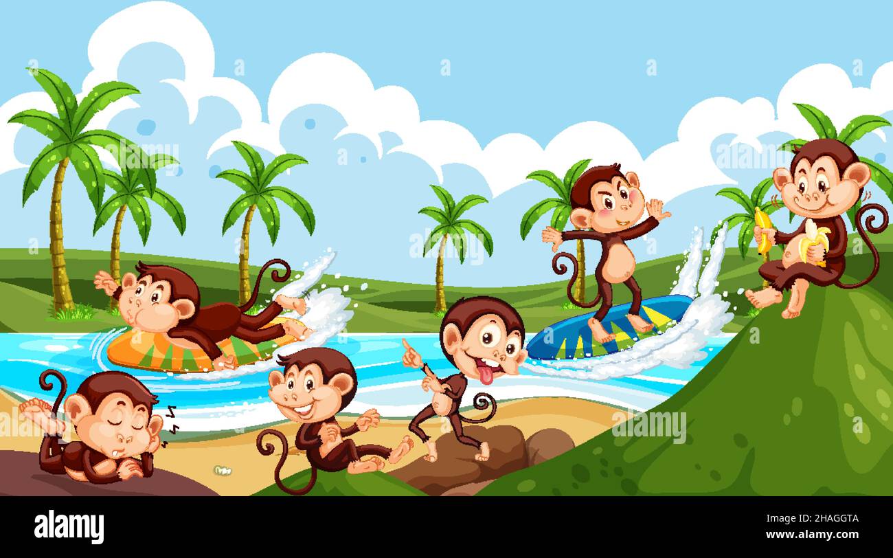 Beach scene with monkeys doing different activities illustration Stock ...