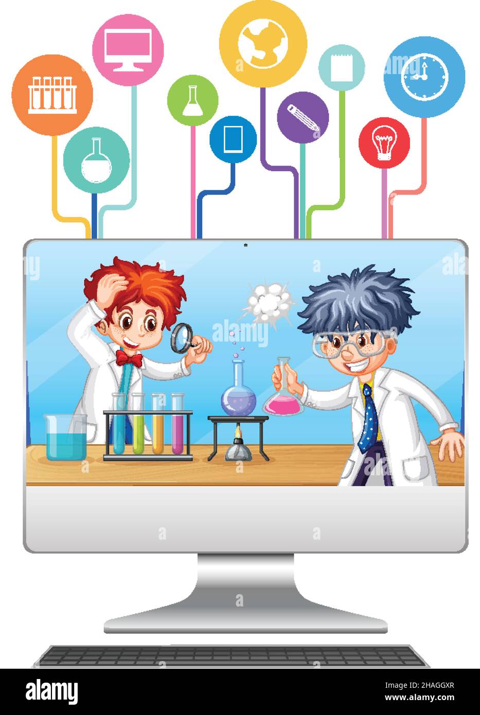 Computer with scientist kid cartoon character illustration Stock Vector ...