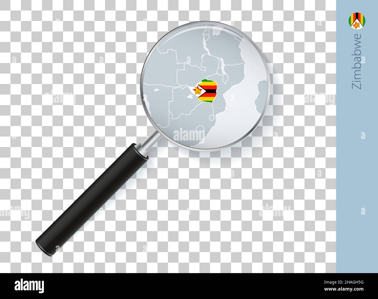 Zimbabwe map with flag in magnifying glass on transparent background ...