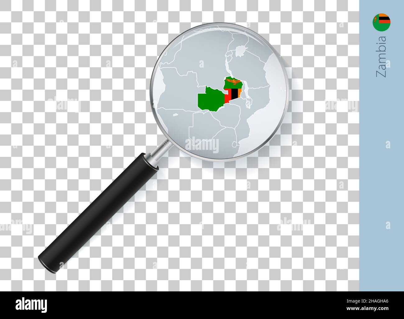 Zambia map with flag in magnifying glass on transparent background ...