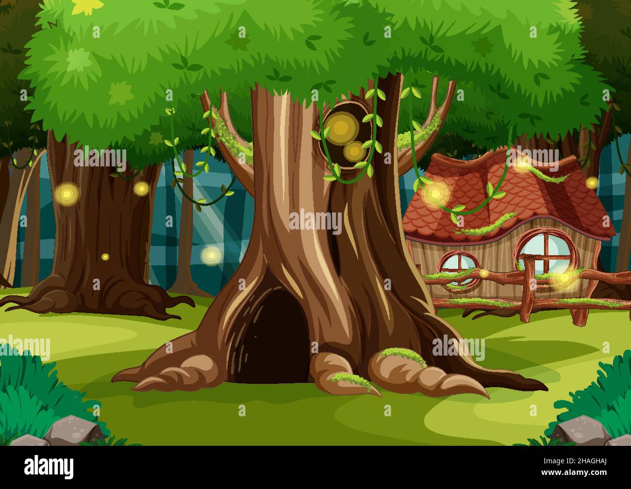 Fantasy forest background with hollow tree illustration Stock Vector ...