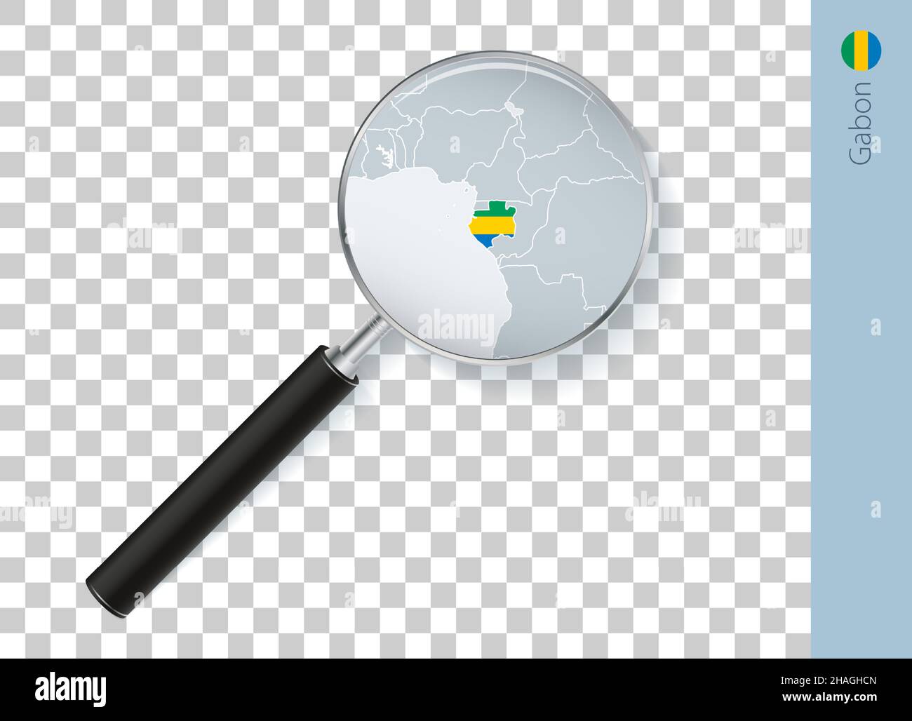 Gabon map with flag in magnifying glass on transparent background. Vector loupe with map Stock ...