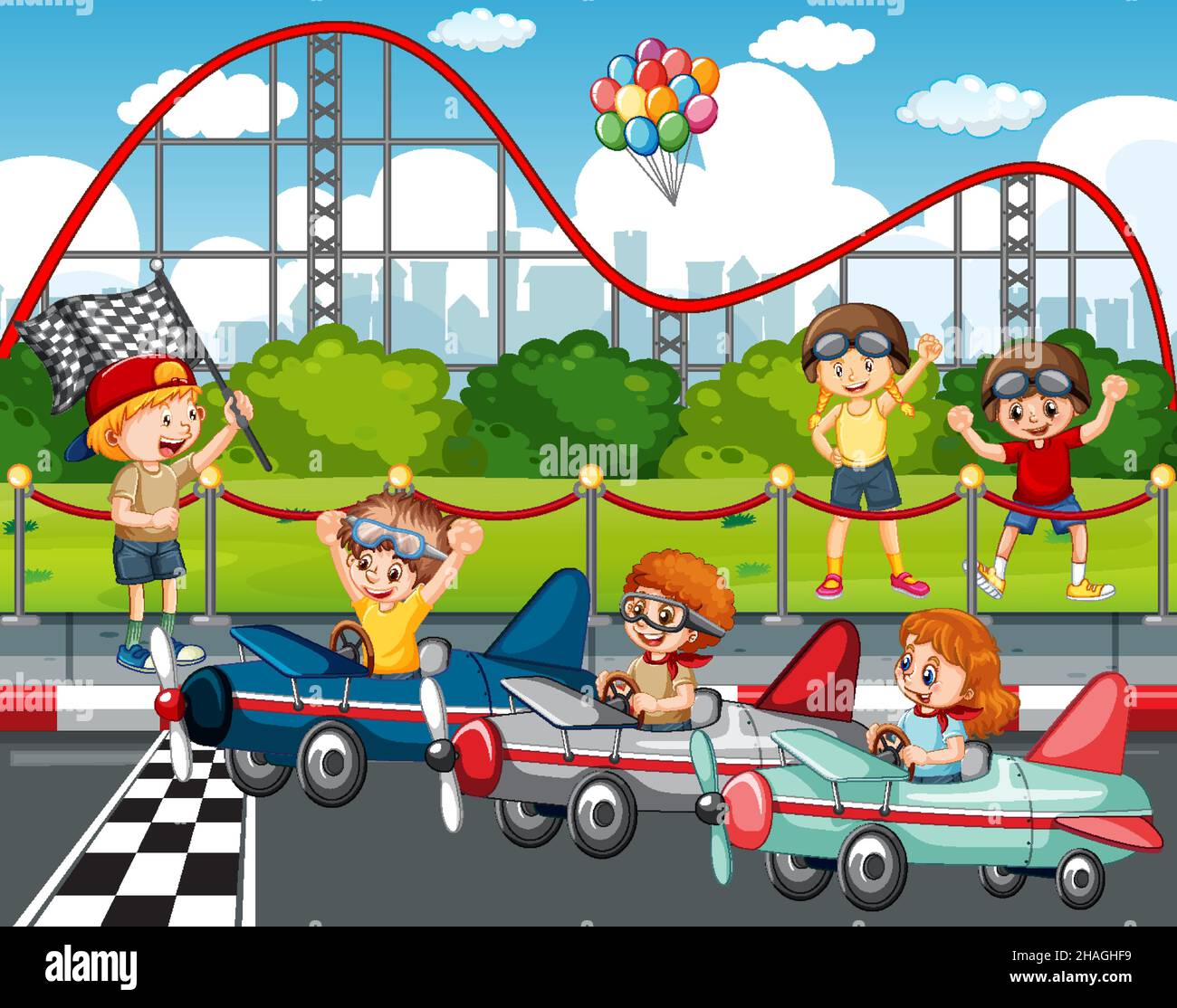Outdoor scene with children racing car illustration Stock Vector Image ...