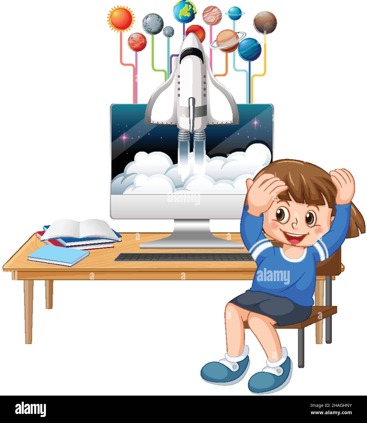 Young girl studying in front of computer illustration Stock Vector ...