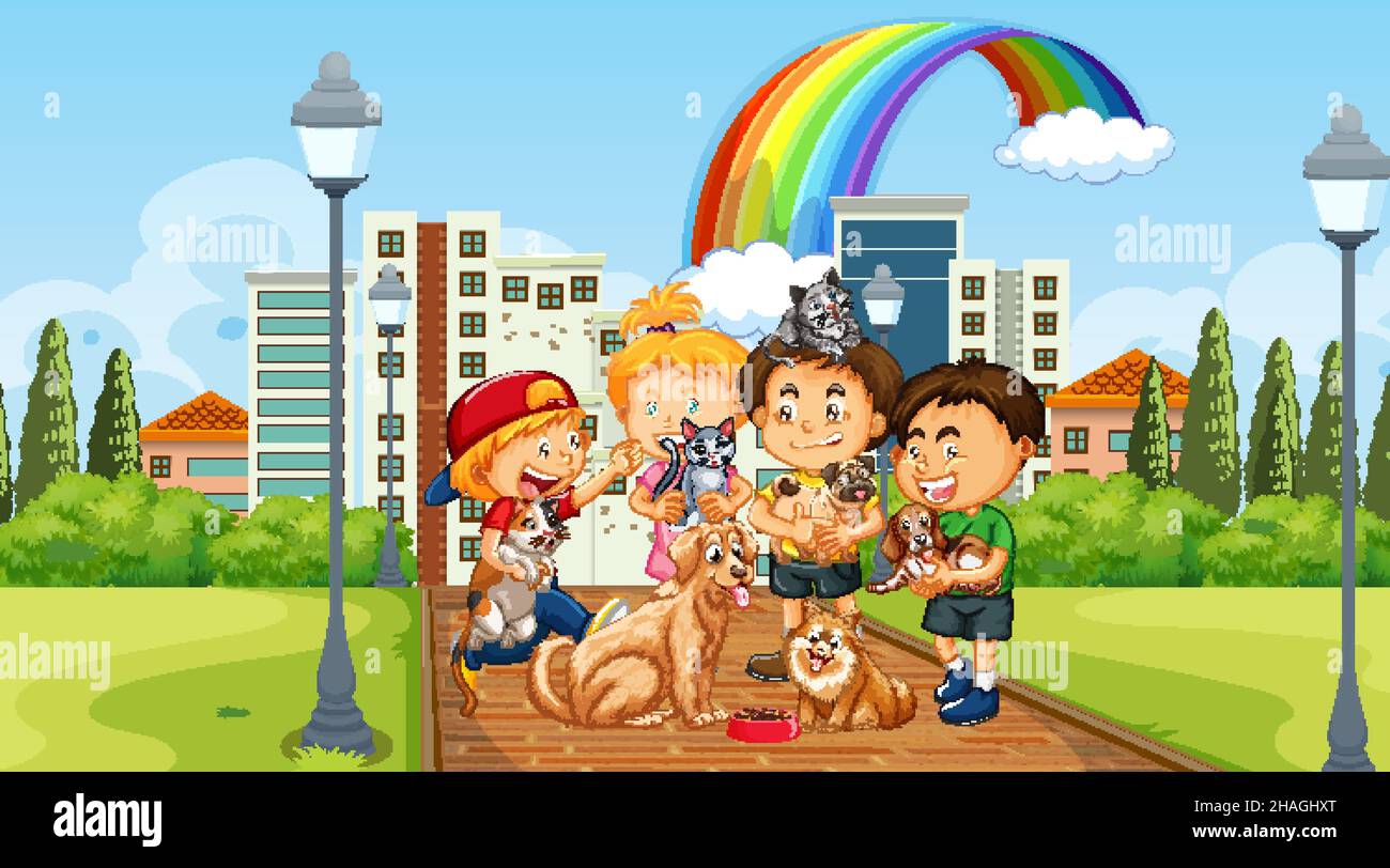 Outdoor scene with kids playing with their animals illustration Stock ...