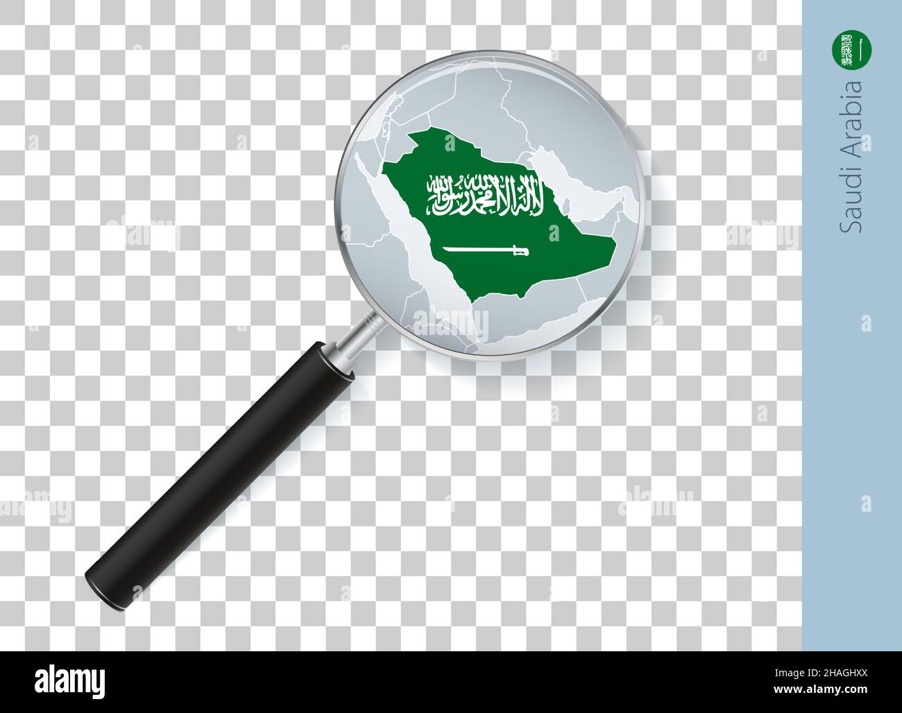 Saudi Arabia map with flag in magnifying glass on transparent ...