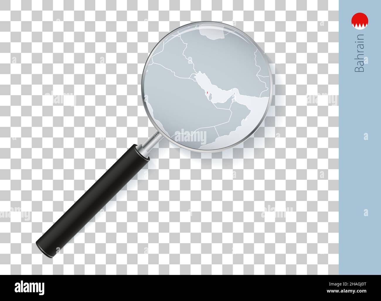 Bahrain map with flag in magnifying glass on transparent background ...