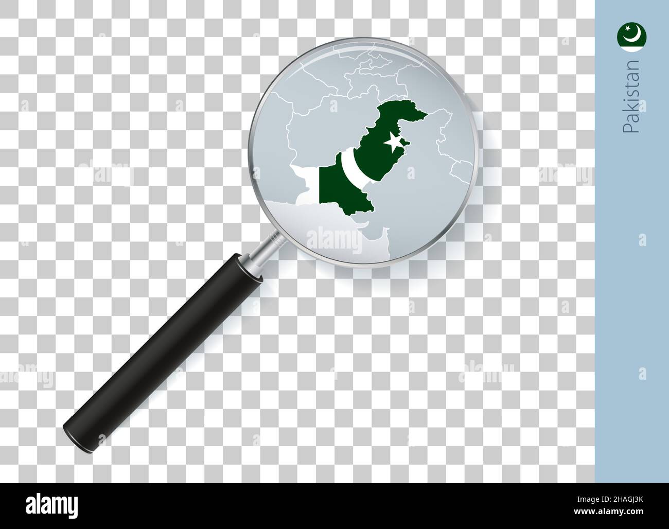 Pakistan map with flag in magnifying glass on transparent background. Vector loupe with map ...