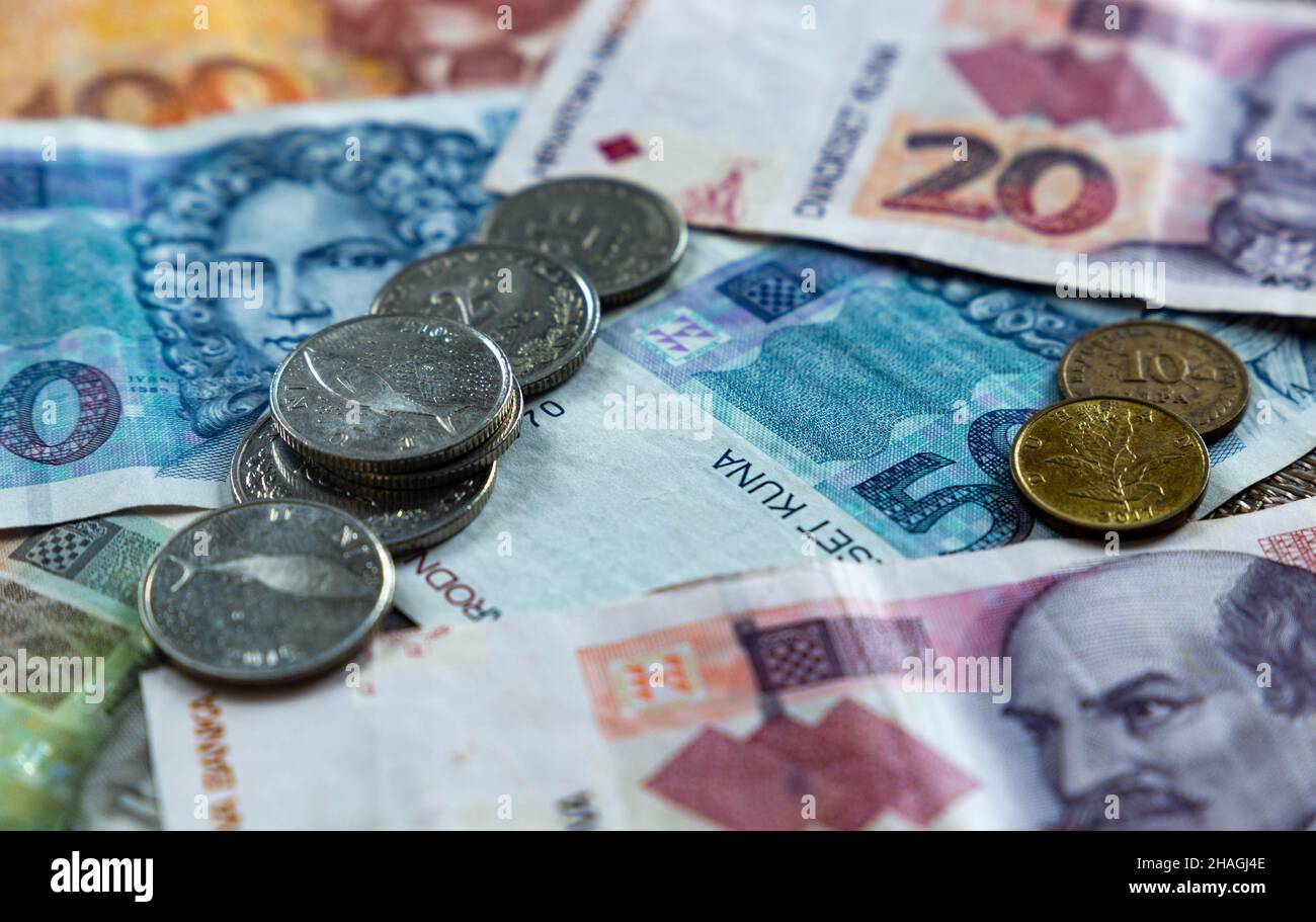 Kuna is the Croatian currency. Banknote and coins. Close-up shot Stock ...