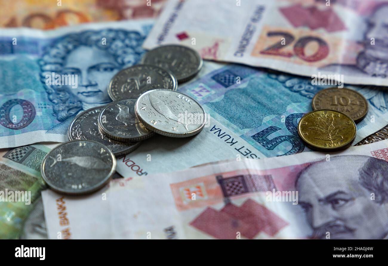 Kuna is the Croatian currency. Banknote and coins. Close-up shot Stock ...
