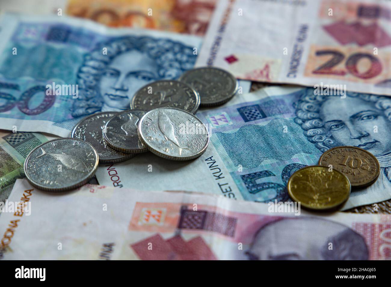 Kuna is the Croatian currency. Banknote and coins. Close-up shot Stock ...
