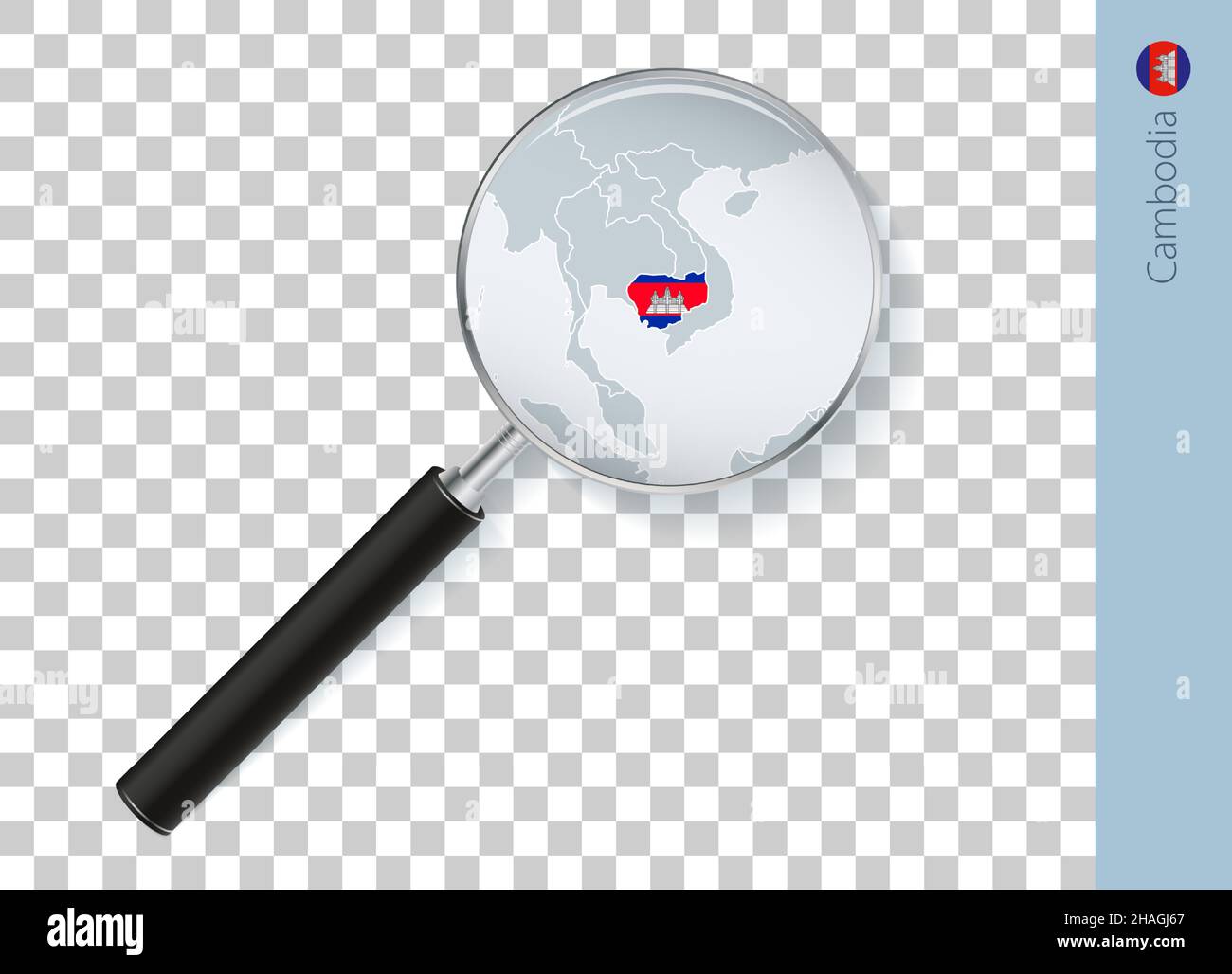 Cambodia map with flag in magnifying glass on transparent background. Vector loupe with map ...
